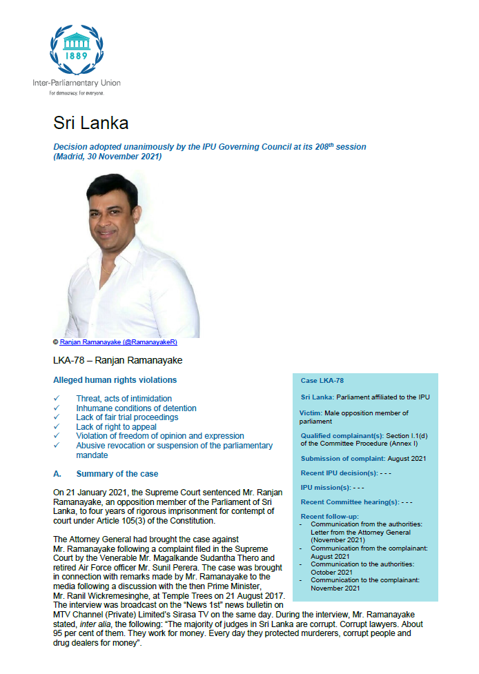 Inter-Parliamentary Union urges Sri Lanka president to pardon and ...