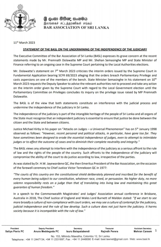 Ruling party MPs statement on SC judgement re LG polls, undermines the ...